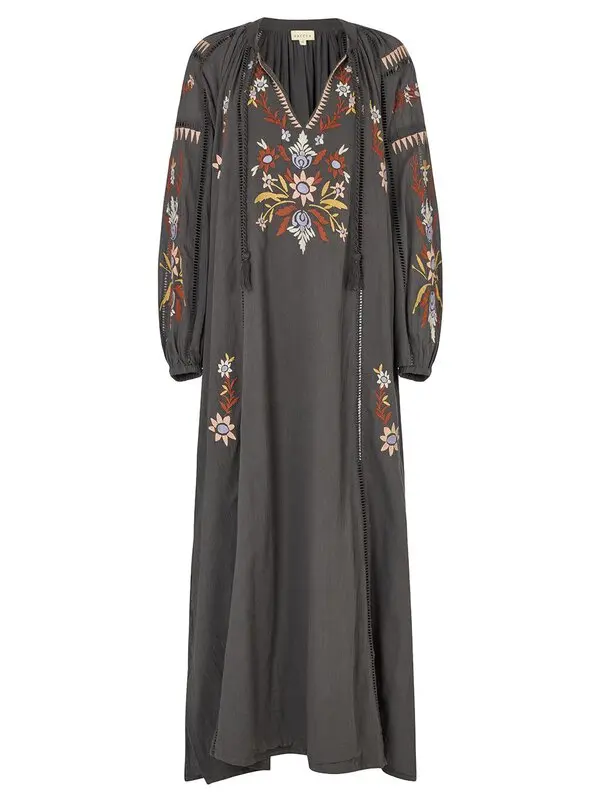 RAFFYA Elisa Embroidered Kaftan Maxi Dress - Grey