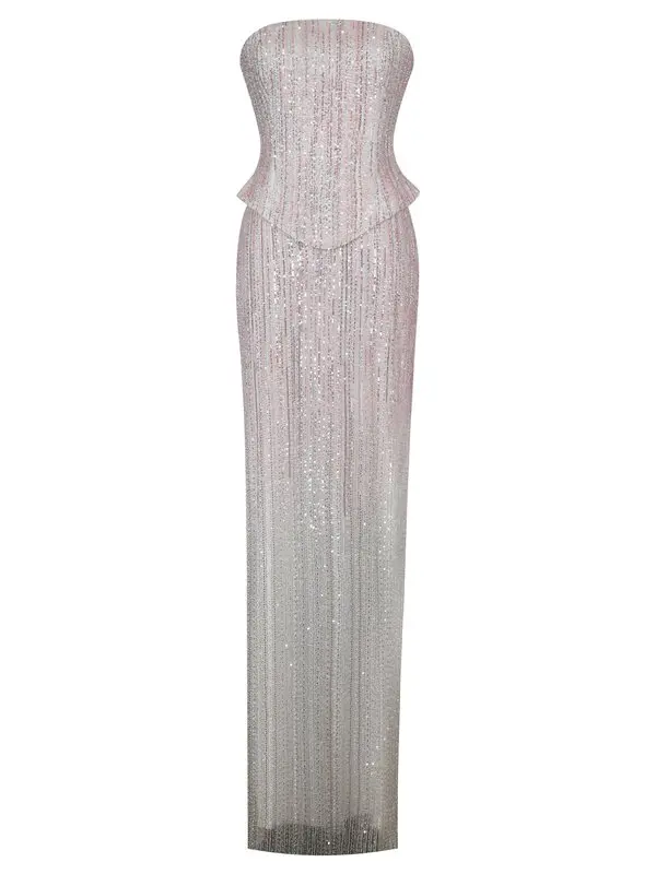 MISS CIRCLE NEW YORK Beaded Strapless Peplum Maxi Dress - Pink
