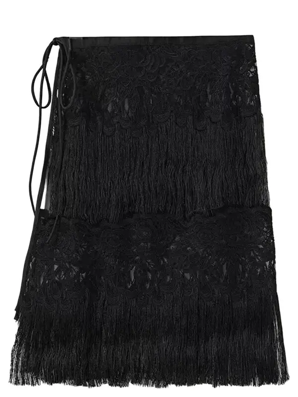 WJY STUDIO LONDON Embroidered Floral Patchwork Knee-length Skirt With Tassel Outer Layer - Black