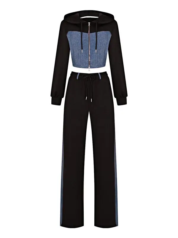 GOC DENIM Denim Detail Cotton Tracksuit Set - Black/blue