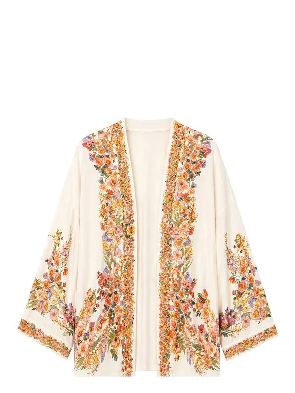 YUMI Floral Border Kimono With Tie Belt - White