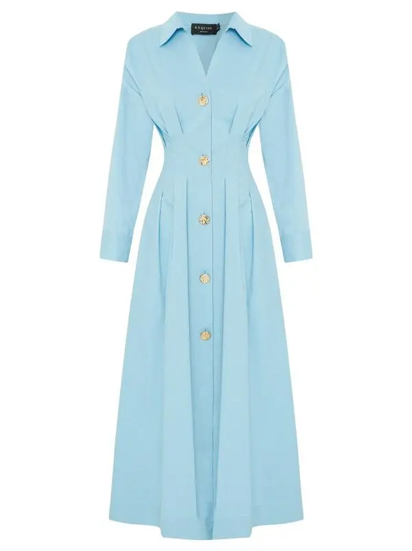 EXQUISE Buttoned Cotton Alba Midi Shirt Dress - Blue
