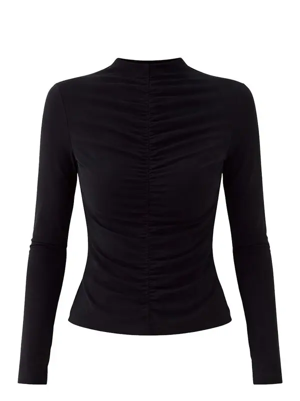 EXQUISE Fitted Tulle Blouse With Ruching - Black