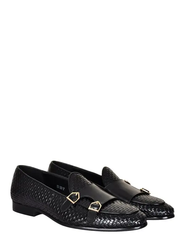 DAVID WEJ Lorenzo Woven Monk Strap Loafers - Black
