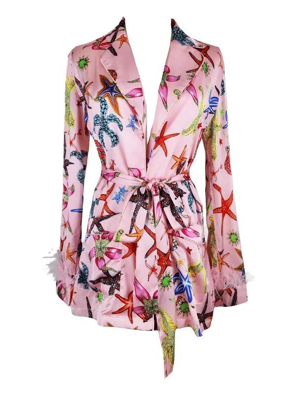 AK ROYALTY RESORTWEAR Printed Silk Set With Ostrich Feather Detail - Pink