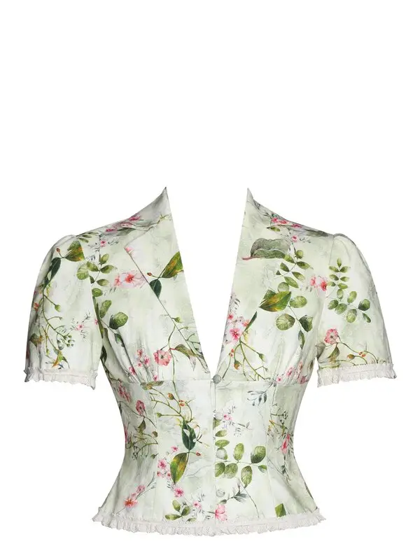 MISS CIRCLE NEW YORK Zanella Floral Print Linen Top - Green