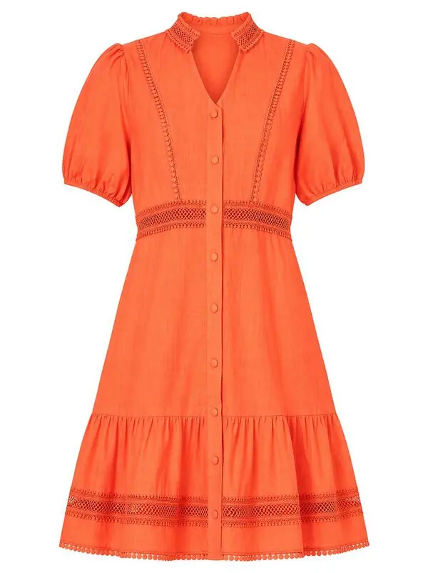 YUMI Cotton Lace Trim Skater Shirt Dress - Orange