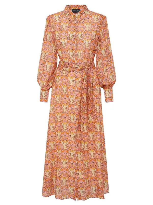 EXQUISE Shirt Collar Midi Dress - Orange