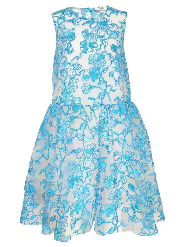 CAROLINE HU Floral Embroidered Mesh Mini Dress - White