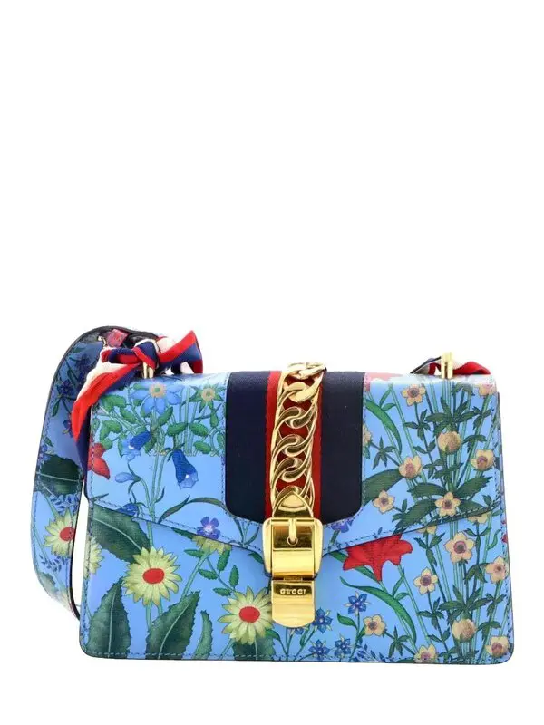 Gucci Sylvie Flora Leather Small Shoulder Bag - Blue