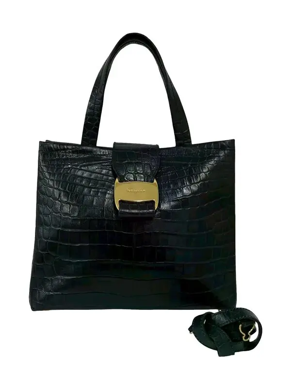 FERRAGAMO Croc Embossed Leather Vara Bow Satchel - Black