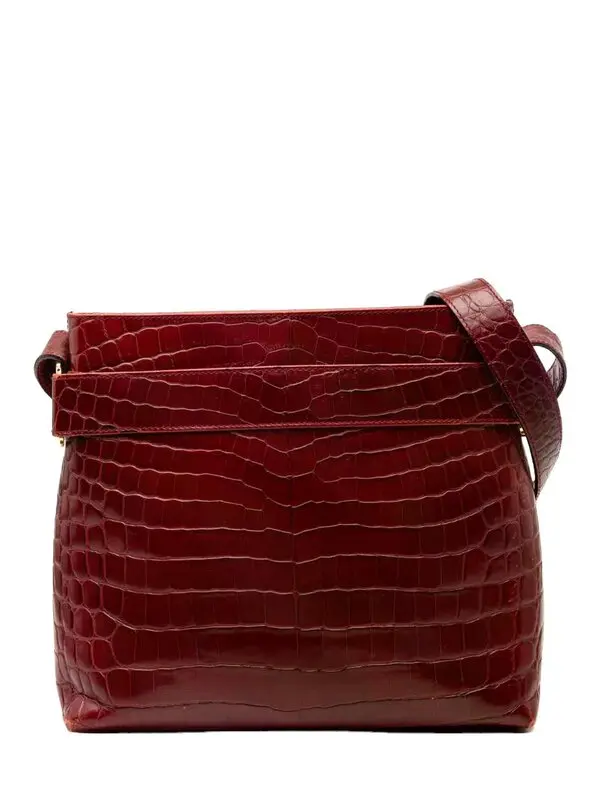 FERRAGAMO 2010-2026 Croc Embossed Leather Vara Shoulder Bag - Red