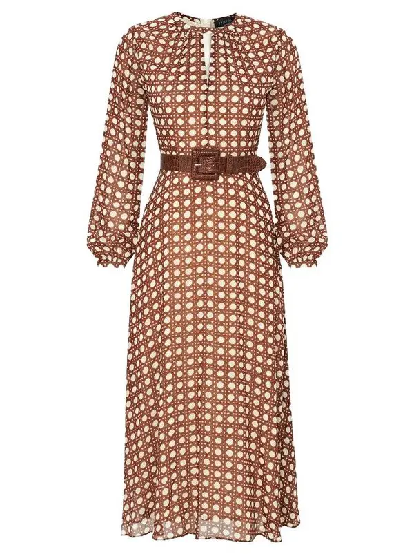 EXQUISE Belted Basket Patterned Chiffon Midi Dress - Brown