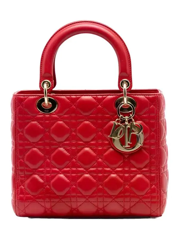Dior 2015 Medium Lambskin Cannage Lady Satchel - Red