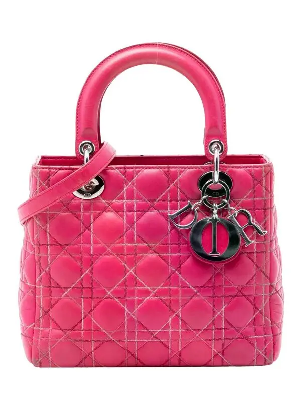 Dior 2011 Medium Lambskin Cannage Contrast Stitch Lady Satchel - Pink