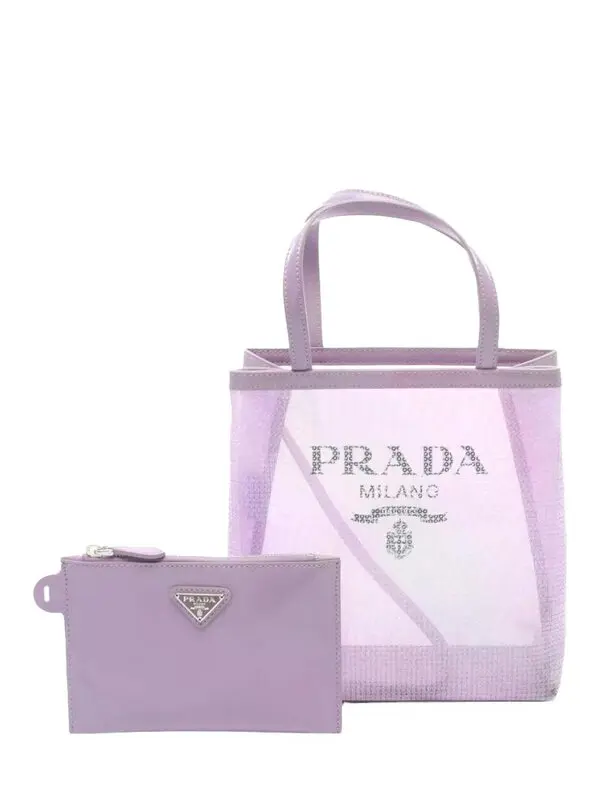 Prada Sequined Mesh Logo Tote Bag With Pouch - Purple