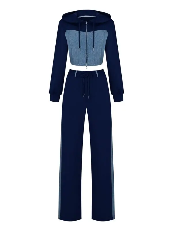 GOC DENIM Denim Detail Cotton Tracksuit Set - Blue