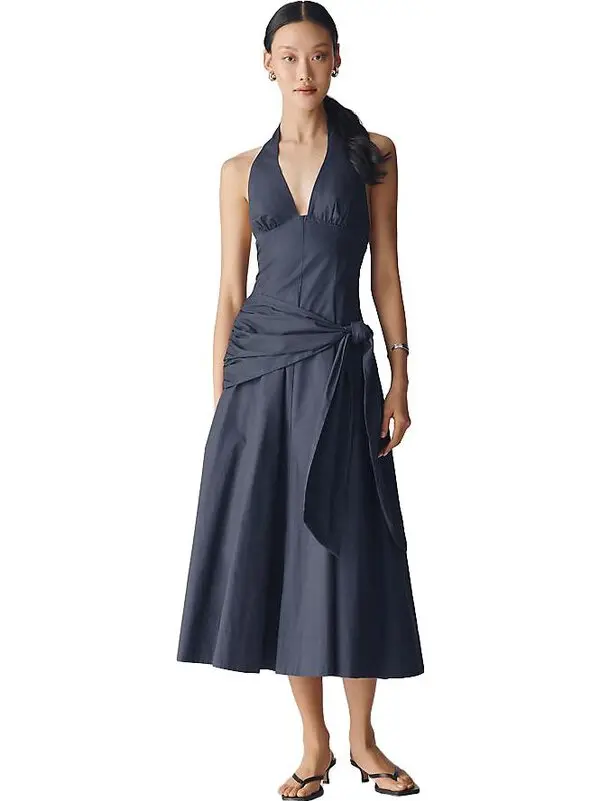 NIA Cadiz Cotton Halter Tie Midi Dress - Navy