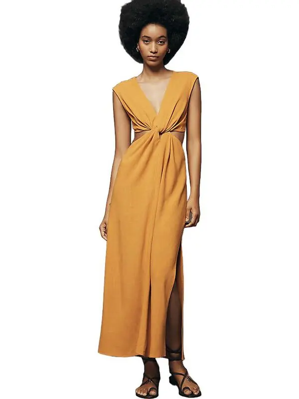 Anthropologie V-neck Cutout Midi Dress - Mustard
