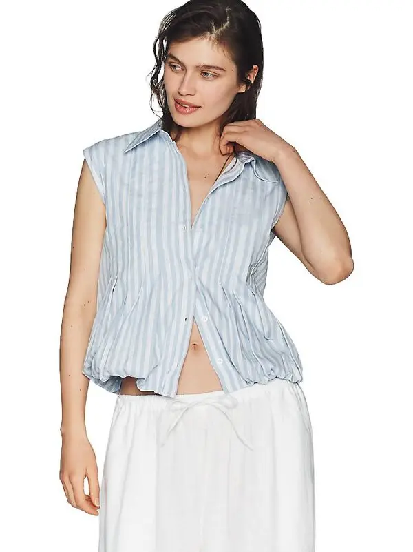 Maeve Sleeveless Pleated Bubble-hem Top - Blue Stripe