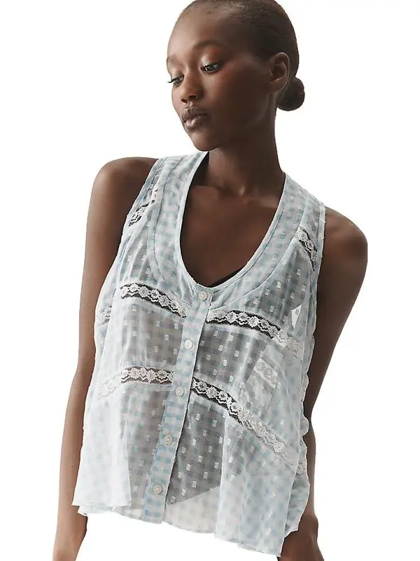 Anthropologie Sheer Lace Swing Tank Top - Blue Gingham