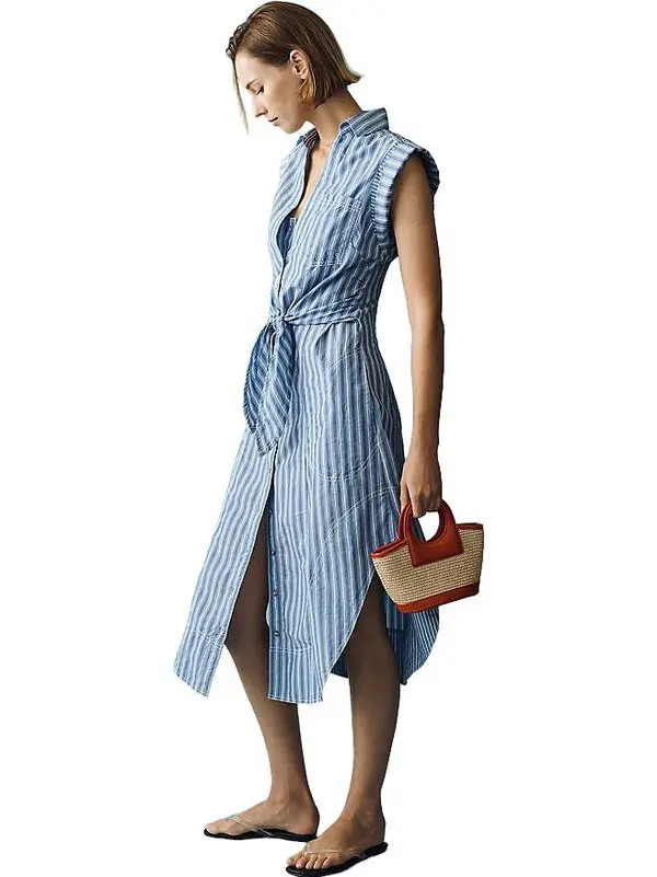 PILCRO Sleeveless Wrap Shirt Dress - Blue Stripe
