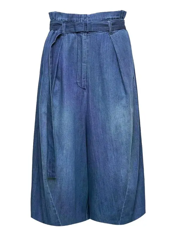 YCH Ruffled-waist Wide Leg Jeans - Blue