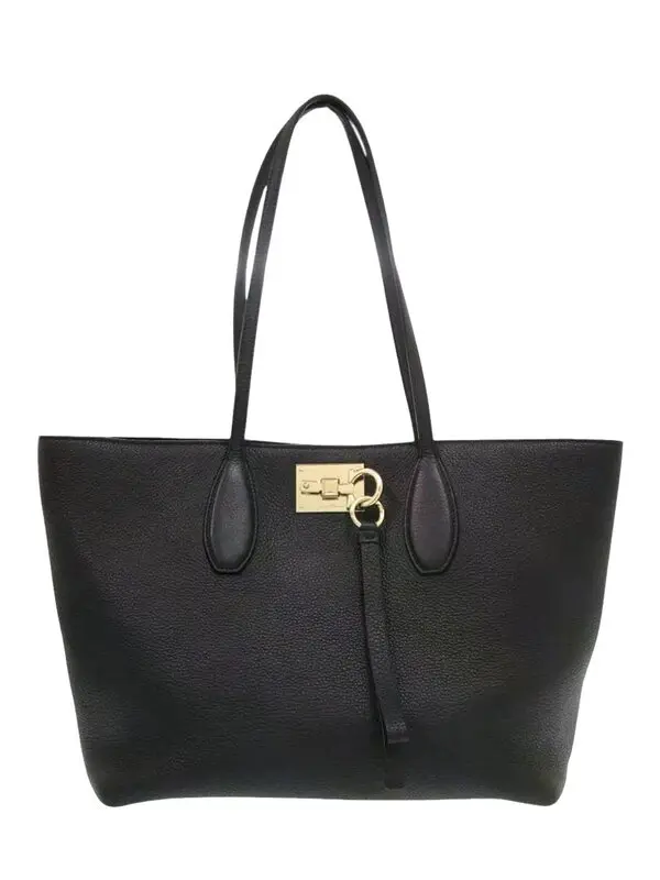 FERRAGAMO 2018 Grained Calfskin Studded Gancini Tote Bag - Black