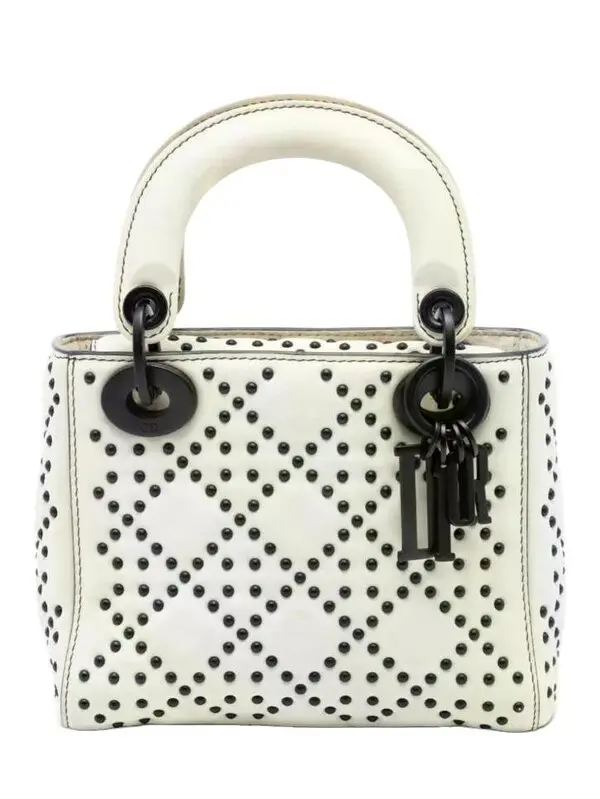 Dior 2018 Mini Ultra Matte Calfskin Cannage Studded Supple Lady Satchel - White
