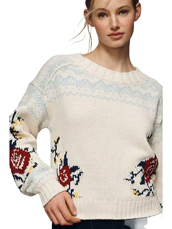Maeve Cotton Floral Fairisle Long-sleeve Sweater - Antique Ivory