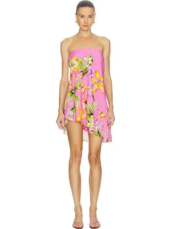 Rococo Sand Strapless Mini Dress With Tropical Print - Fuchsia