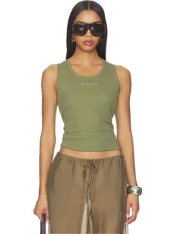 Balmain Embroidered Jersey Tank Top - Army