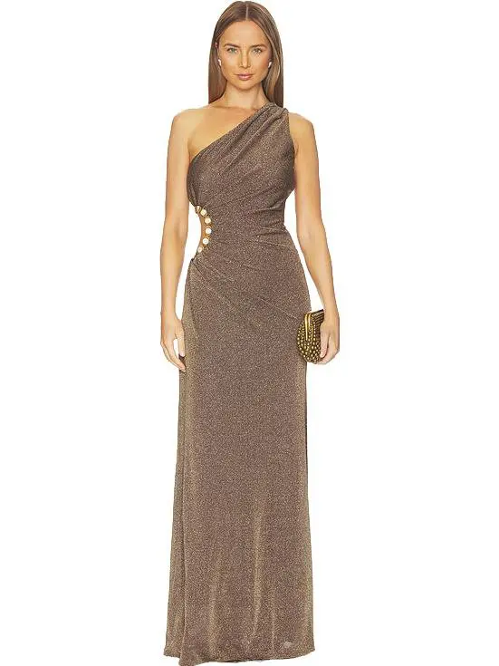 Azulu One-shoulder Cutout Gown With Embellished Trim - Brown