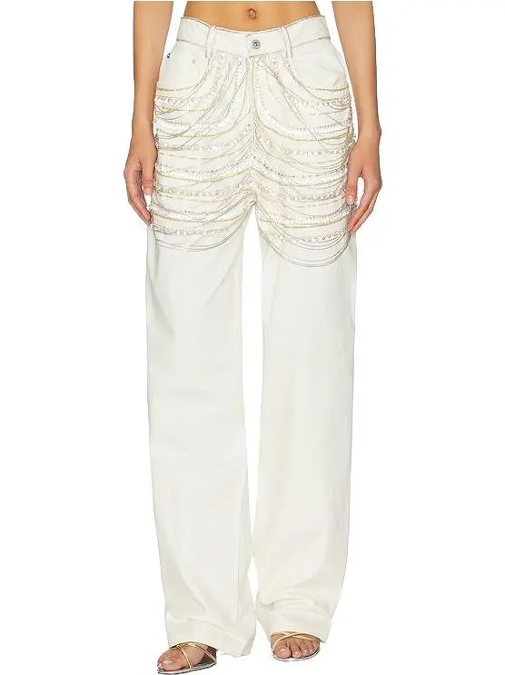 Lapointe Embroidered Straight Leg Pants With Embellished Chain Detail - Cream