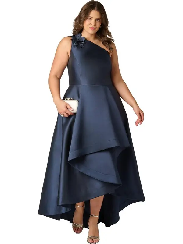 Adrianna Papell One-shoulder High-low Gown With Applique - Midnight