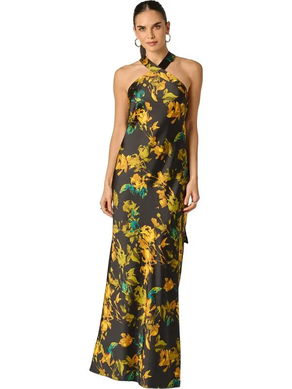 Adrianna Papell Floral Scarf Halter Gown - Black Multi