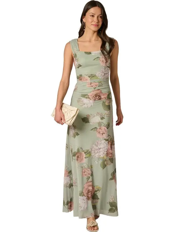 Adrianna Papell Floral Print Stretch Mesh Ruched Gown - Sage Multi