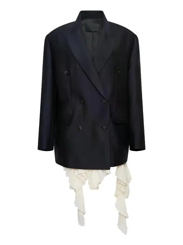 YCH Double-breasted Blazer With Ruffled Detail - Blue