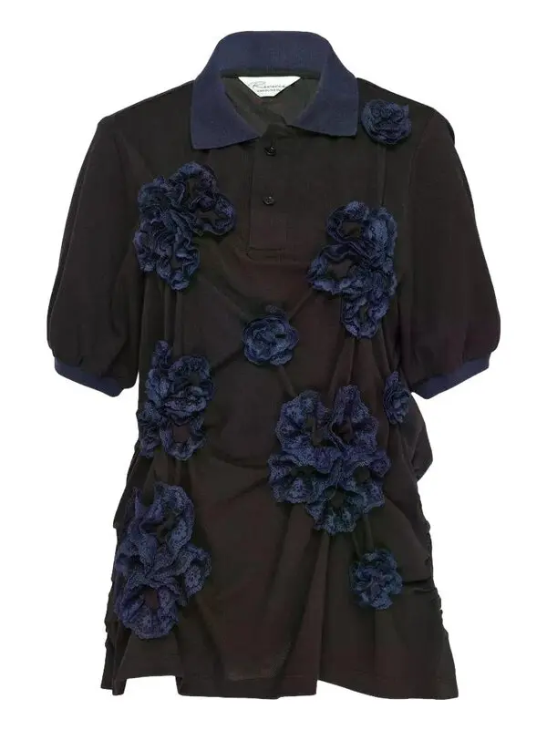 CAROLINE HU Floral-appliqué Ruched Polo Shirt - Black