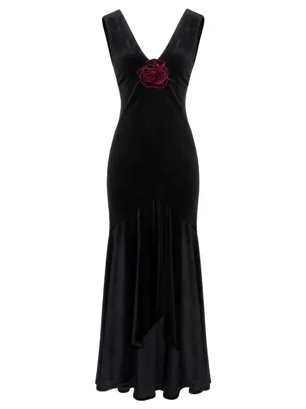 ROSERRY Rose-appliqué High-low Dress - Black