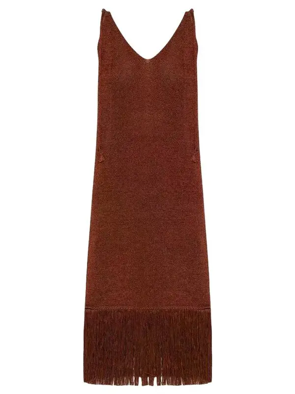 AKEP Fringe-trimmed V-neck Dress - Brown