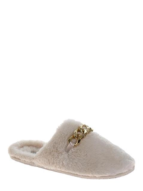 Badgley Mischka Chain Link Faux Fur Slippers - Beige