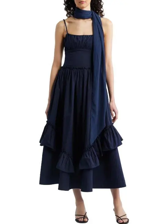 DAMSON MADDER Juno Ruffle Midi Dress With Scarf - Navy