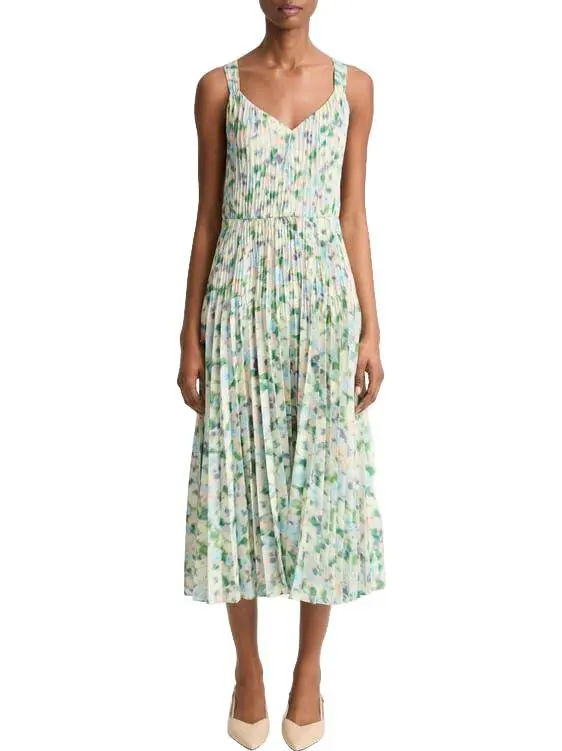 Vince V-neck Pleated Satin Dress - Herb Petal