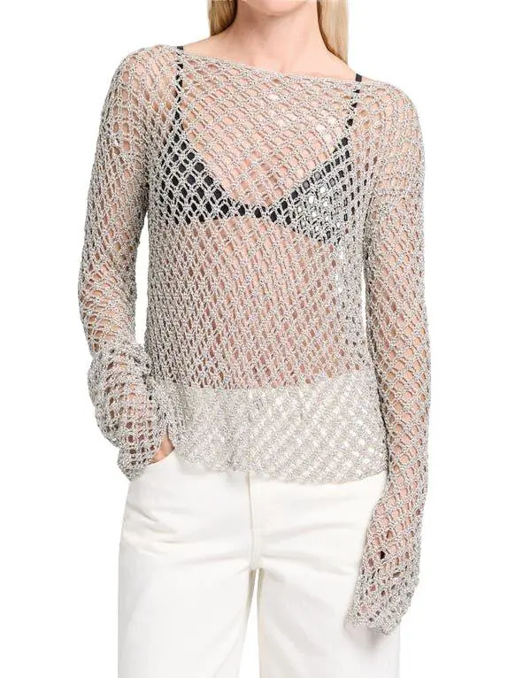 TWP Open Knit Crochet Boat Neck Top - Pale Champagne