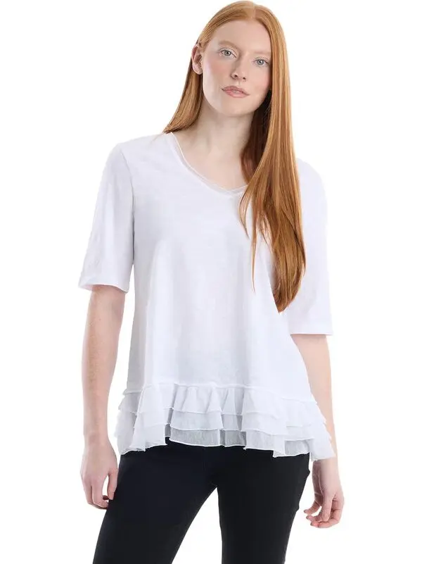 WILT CLOTHING V-neck Elbow Sleeve Mixed Media Tee - White