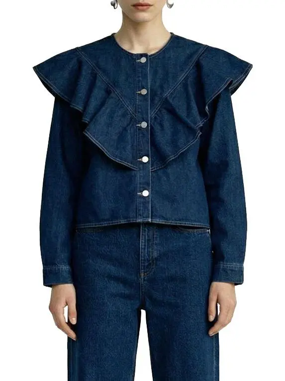 Vero Moda Ruffle Placket Denim Button-up Shirt - Medium Blue Denim