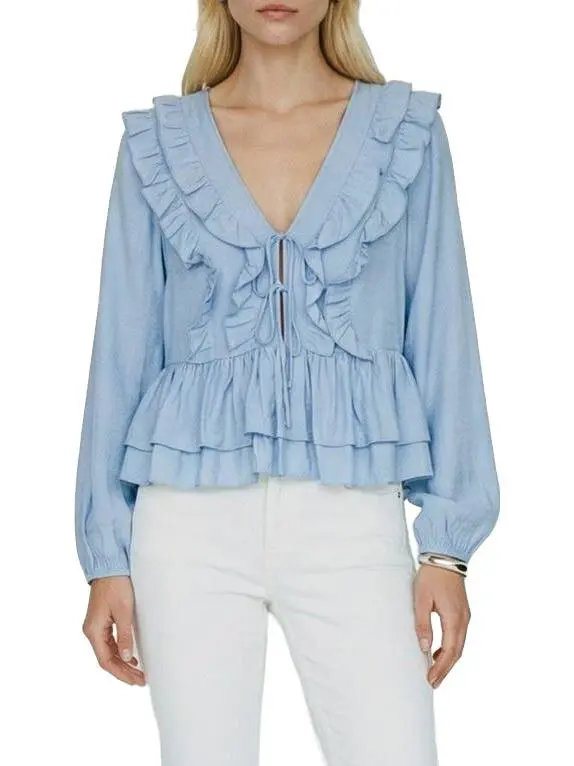Vero Moda Ruffle Peplum Chambray Top - Brunnera Blue