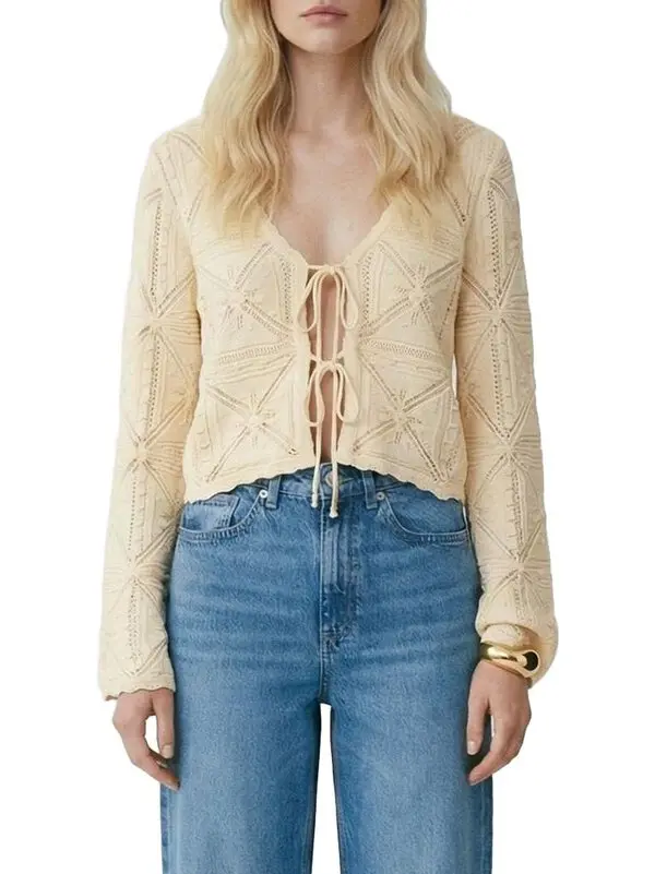 Vero Moda Lola Tie-front Pointelle Knit Cotton Cardigan - Birch