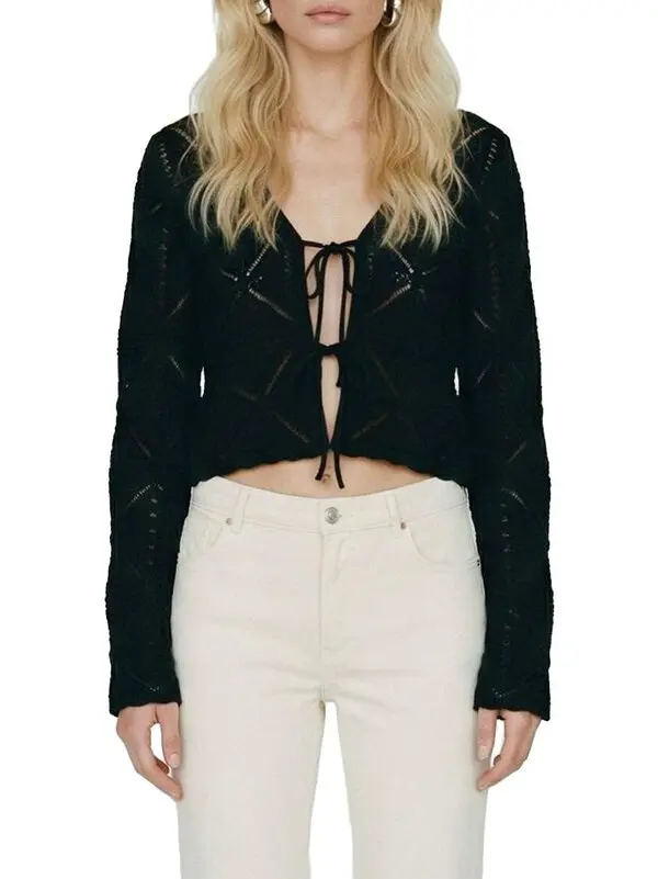 Vero Moda Lola Tie-front Pointelle Knit Cotton Cardigan - Black